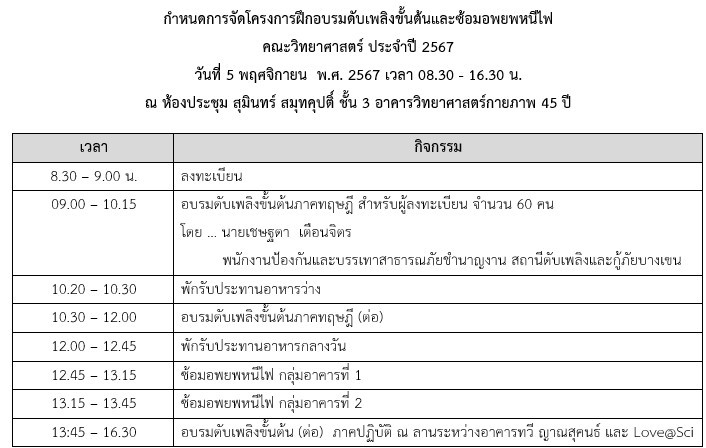 โครงการฝึกอบรมดับเพลิงขั้นต้นและซ้อมอพยพหนีไฟ ประจำปี 2567 - SCI KU