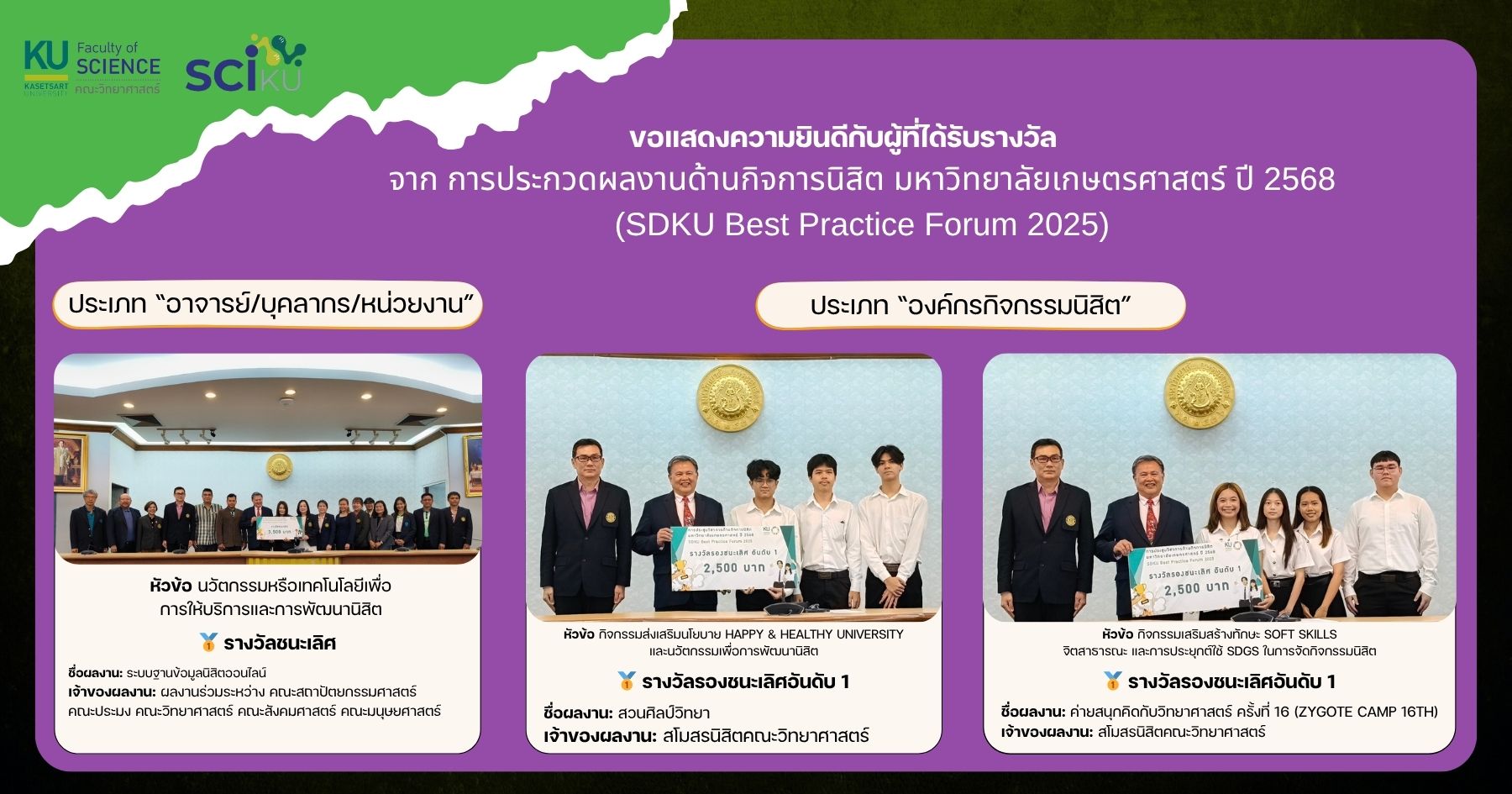 ขอแสดงความยินดีกับผู้ที่ได้รับรางวัลจากการประกวดผลงานด้านกิจการนิสิต มหาวิทยาลัยเกษตรศาสตร์ ปี ...